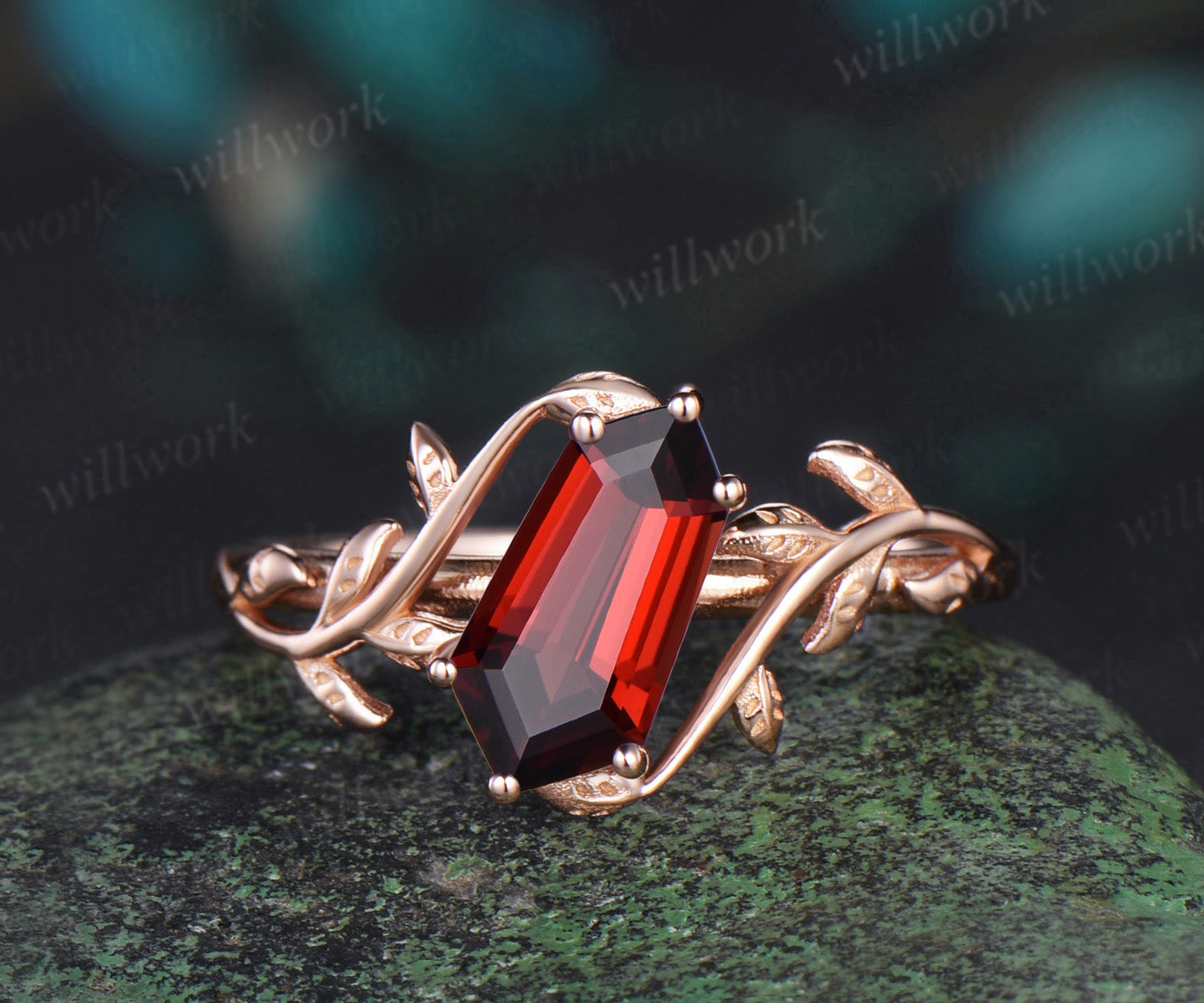 Shield shaped red garnet Engagement Ring rose gold nature inspired lea – WILLWORK JEWELRY