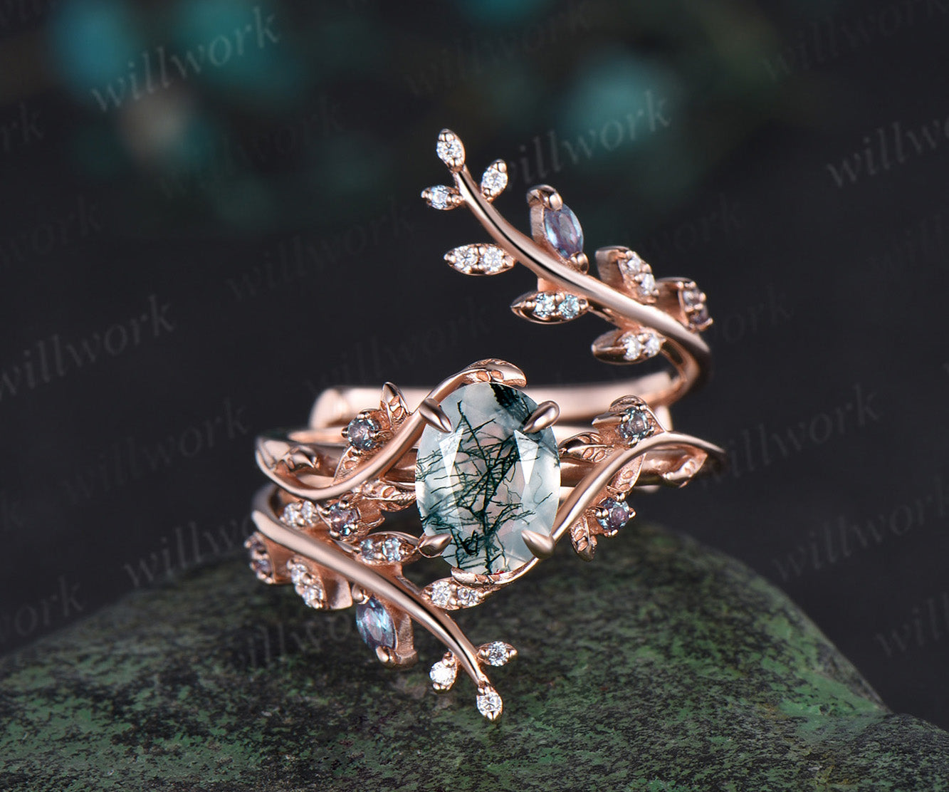 Twig oval cut moss agate engagement ring nature inspired leaf alexandr – WILLWORK JEWELRY