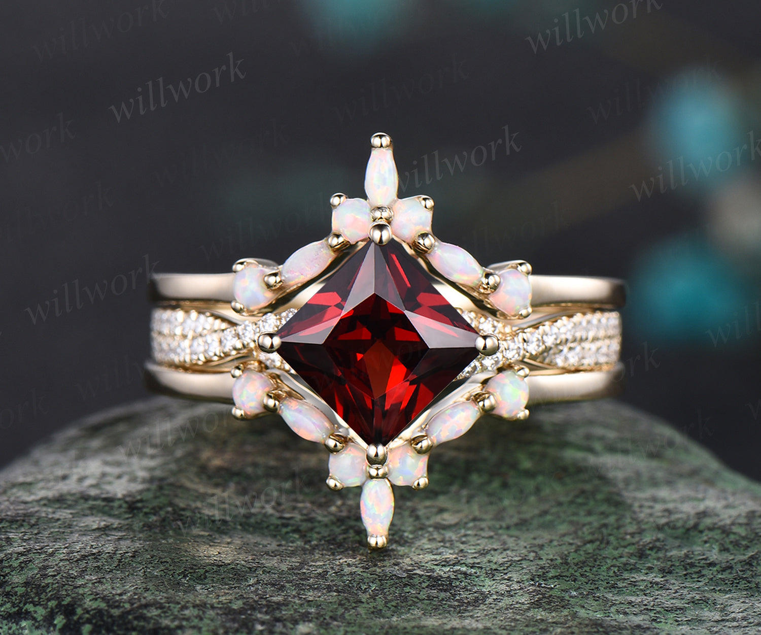 3pcs princess cut garnet engagement ring set 14k yellow gold vintage d ...