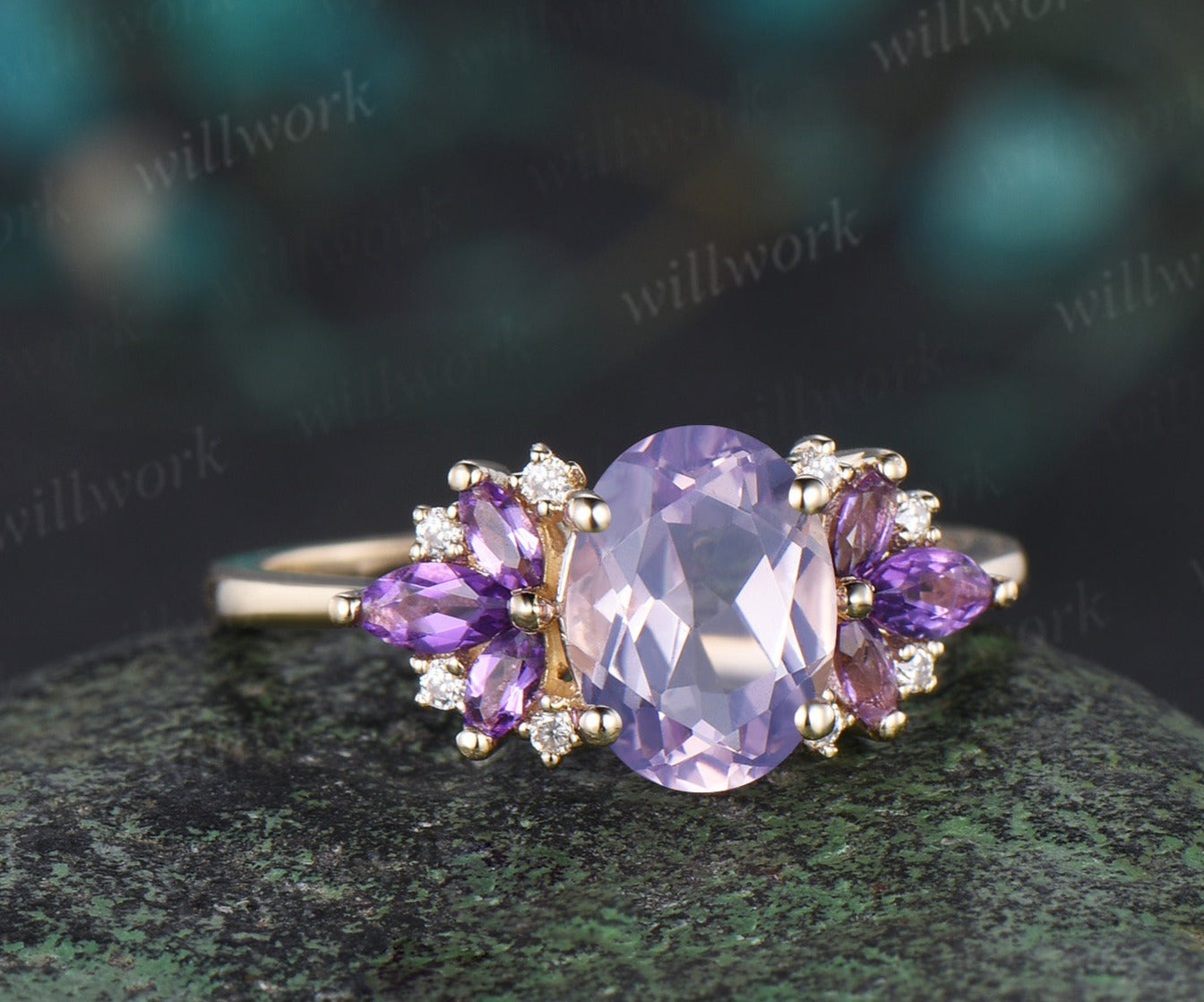 Oval cut Lavender Amethyst engagement ring solid 14k yellow gold clust ...