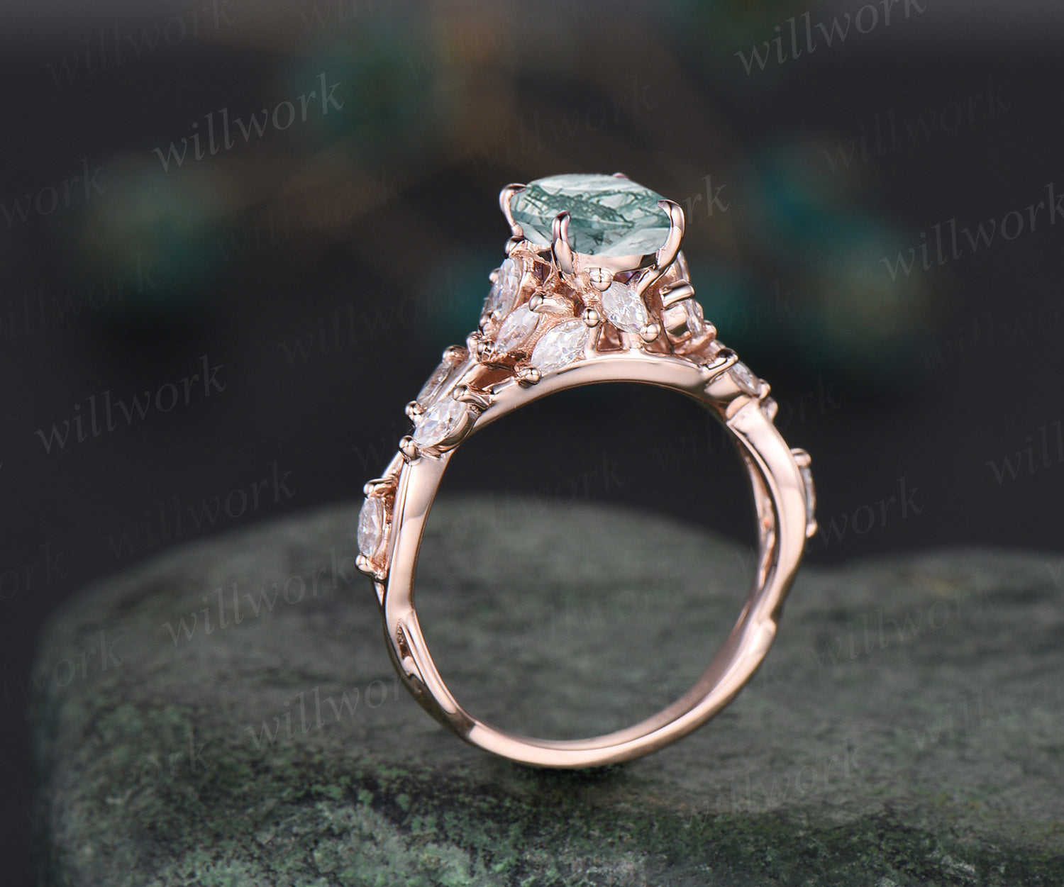Natural moss agate engagement ring vintage floral twig moissanites rin ...