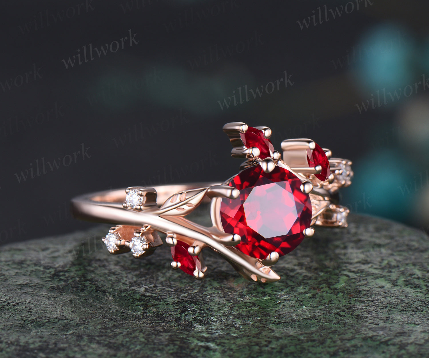 Vintage July Birthstone Round Cut Ruby Engagement Ring Art Deco Leaf V – WILLWORK JEWELRY