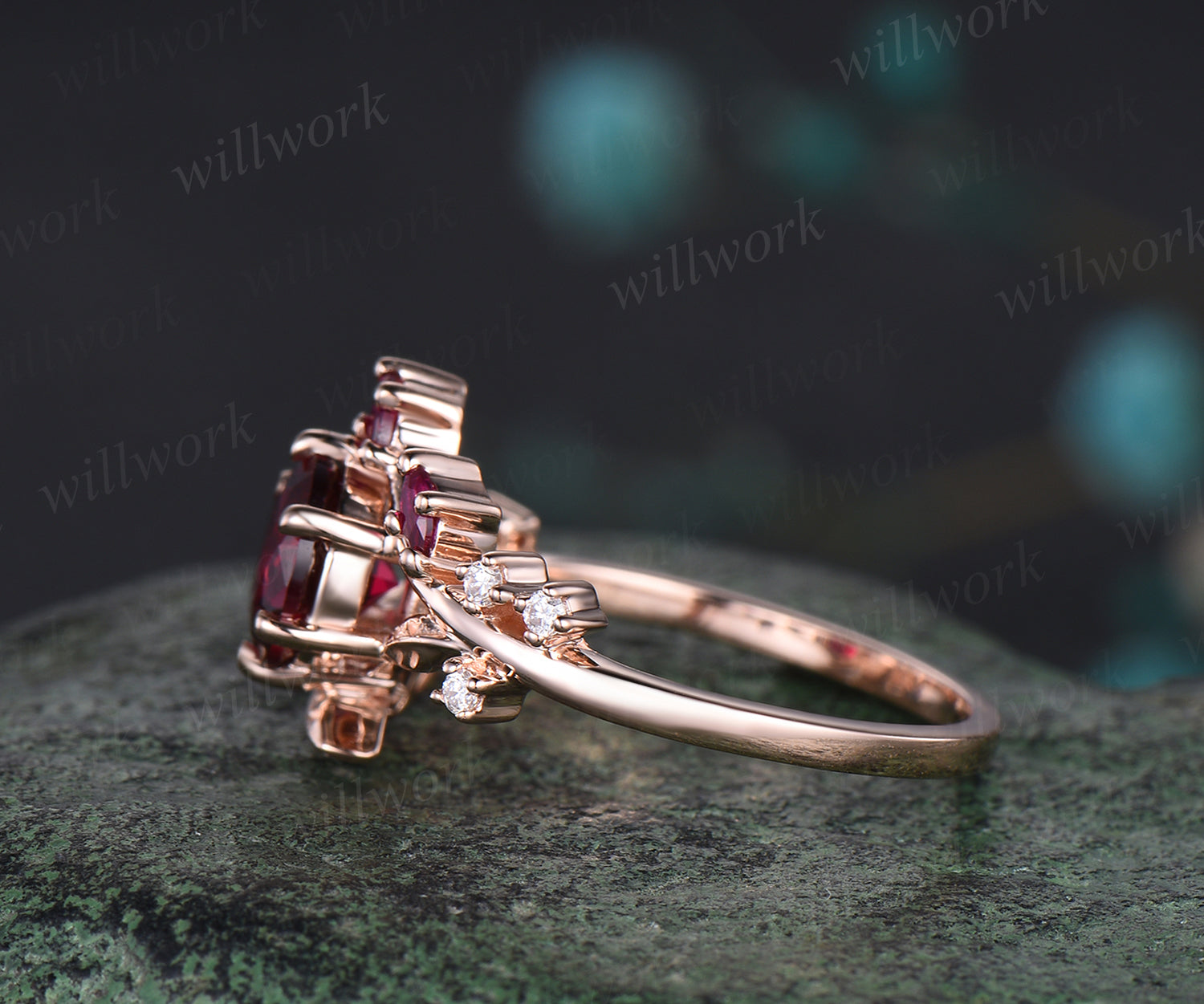 Vintage July Birthstone Round Cut Ruby Engagement Ring Art Deco Leaf V – WILLWORK JEWELRY
