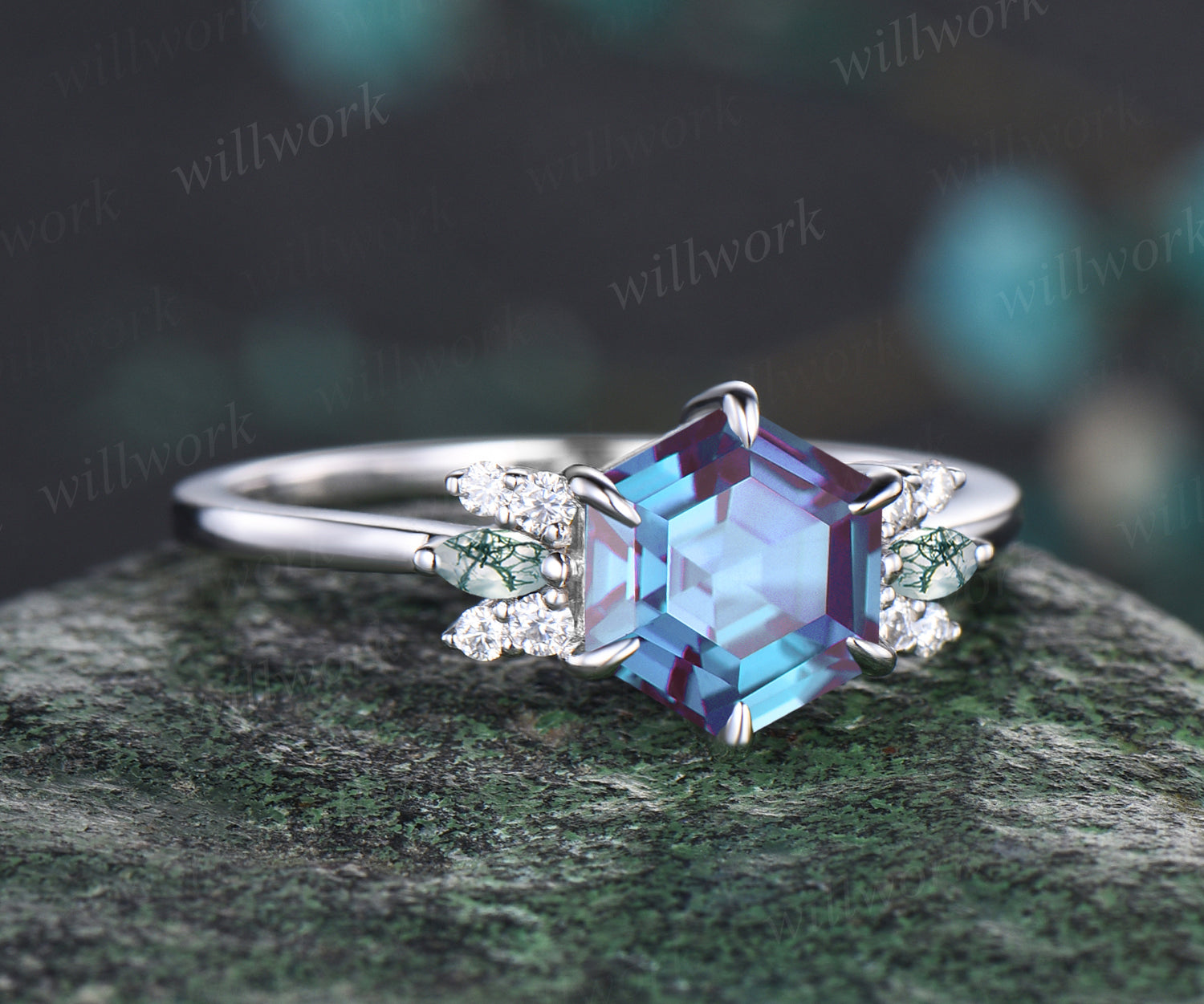 Hexagon Cut June Birthstone Alexandrite Engagement Wedding Ring Unique ...