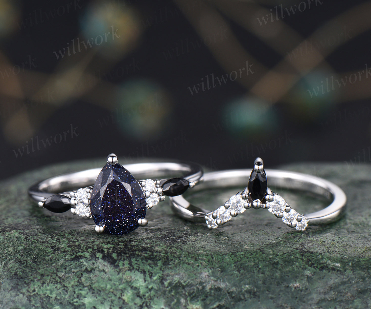 Vintage blue sandstone engagement ring set unique Galaxy blue gem ring ...