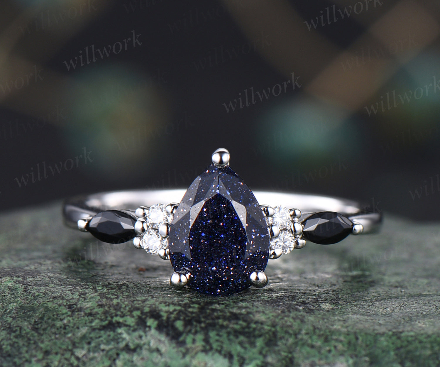 Vintage blue sandstone engagement ring set unique Galaxy blue gem ring ...