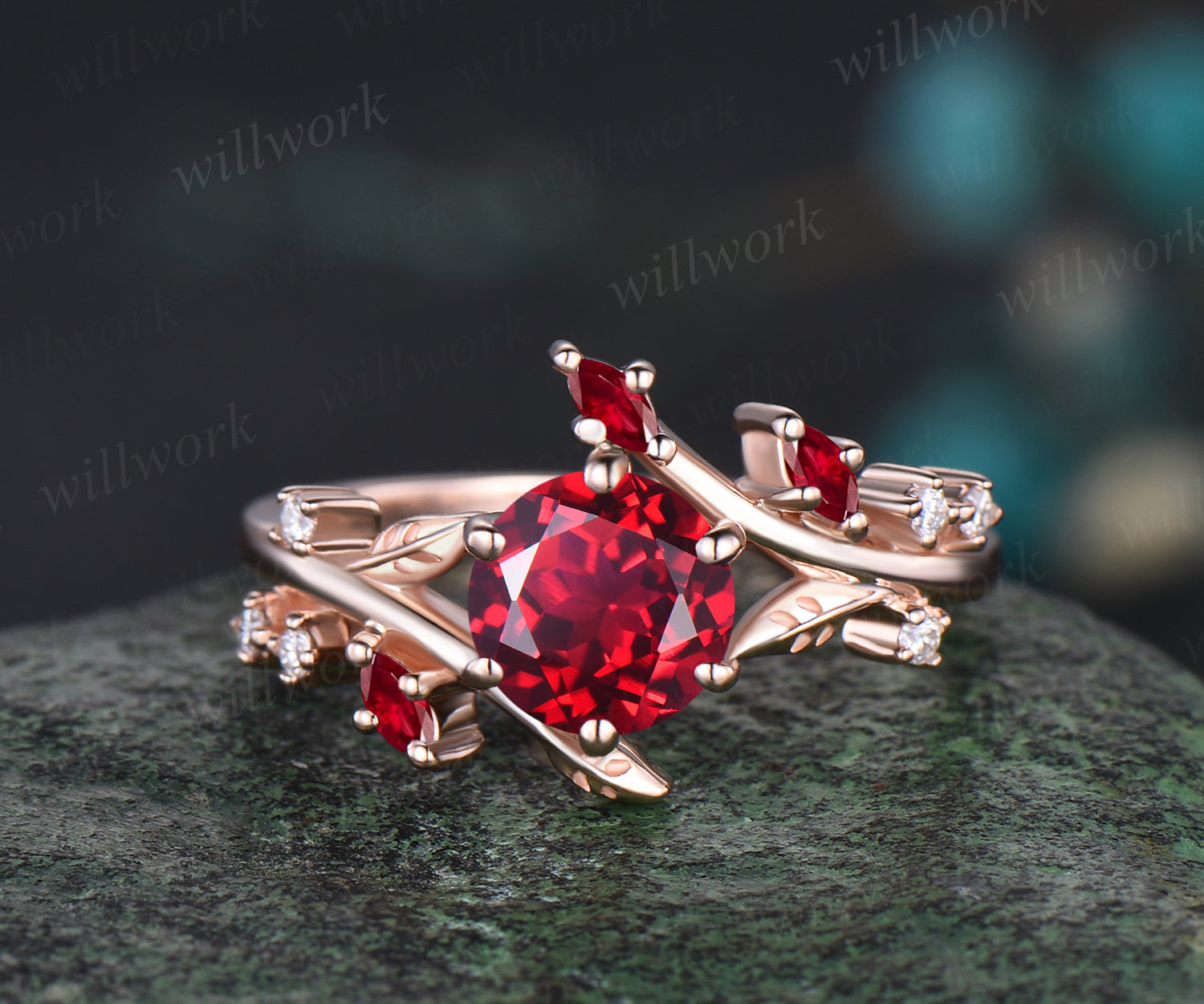 Vintage July Birthstone Round Cut Ruby Engagement Ring Art Deco Leaf V – WILLWORK JEWELRY