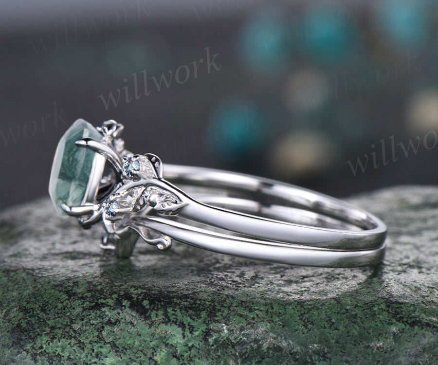 Oval Cut Natural Green Moss Agate Engagement Ring Set Unique June Birt ...