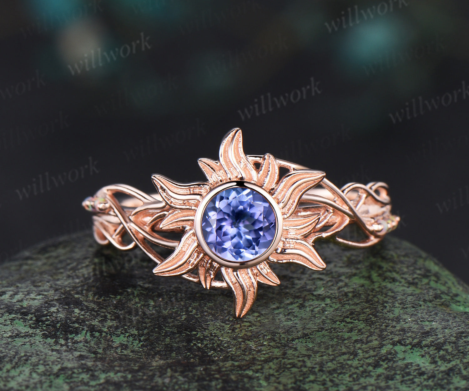 Rapunzel Ring Sun Tanzanite Engagement Ring Tangled Sunflower Ring 14K Rose Gold Wedding Ring Birthday Gift for Her 18K Rose Gold