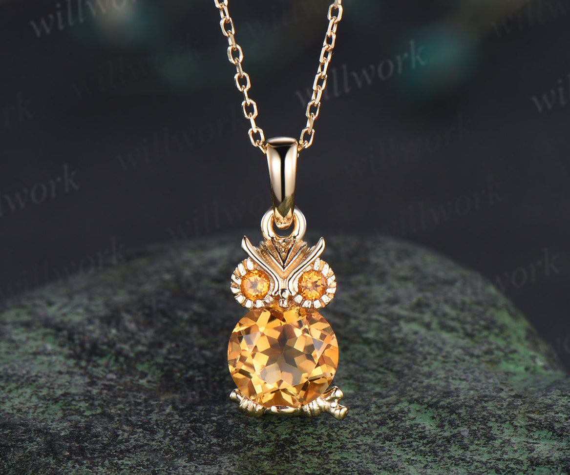 Unique Cute Owl Natural Citrine Wedding Necklace 14k Yellow Gold Mothe ...