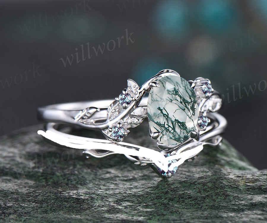 Oval Cut Natural Green Moss Agate Engagement Ring Set Unique June Birt ...