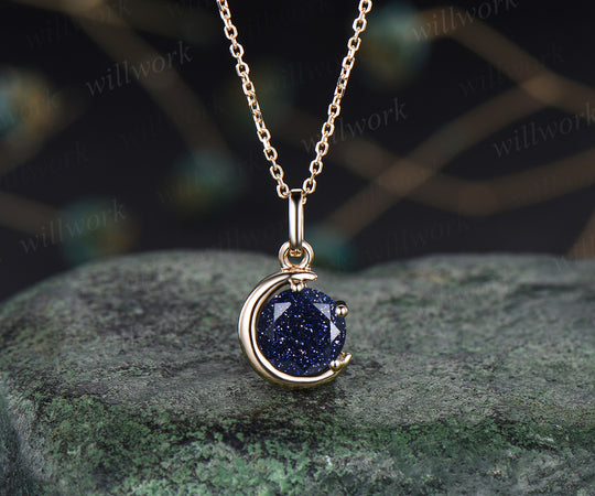 Round cut blue sandstone pendant necklace dainty moon yellow gold pend ...
