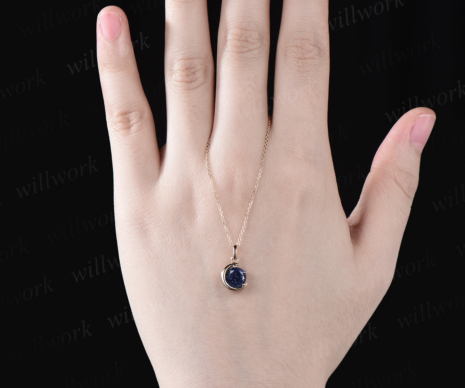 Round cut blue sandstone pendant necklace dainty moon yellow gold pend ...