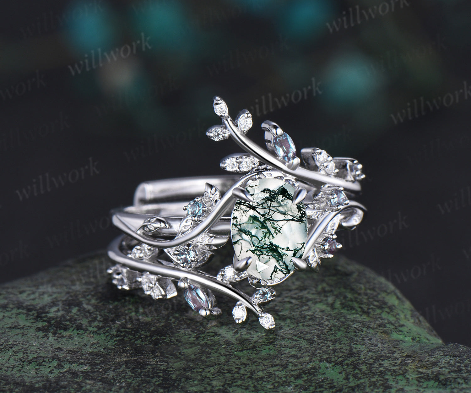 Twig oval cut moss agate engagement ring nature inspired leaf alexandr – WILLWORK JEWELRY