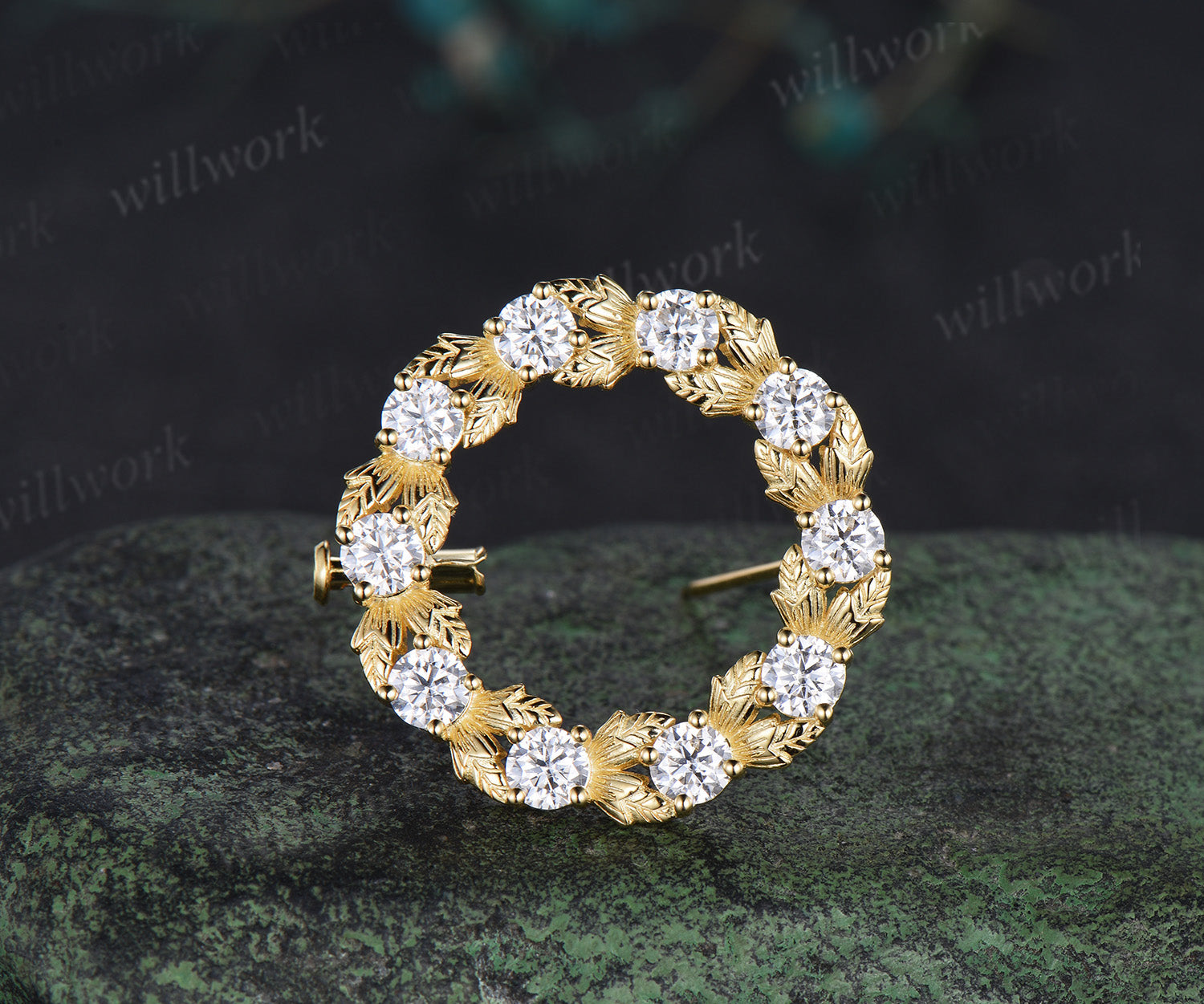 Moissanite wreath brooch nature inspired leaf circle lapel pin elegant ...