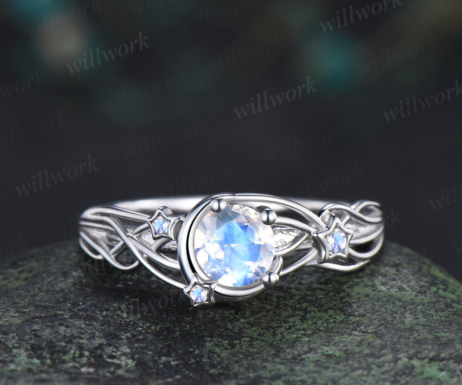 Round cut moonstone engagement ring moon star ring unique celestial br ...