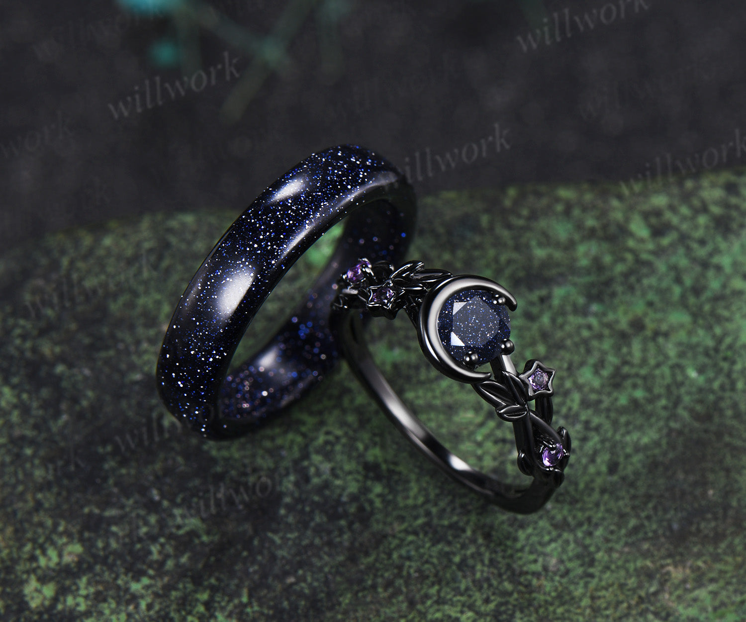 Round Cut Blue Sandstone Moon Twig Leaf Star Amethyst Ring & 5mm Men’s ...