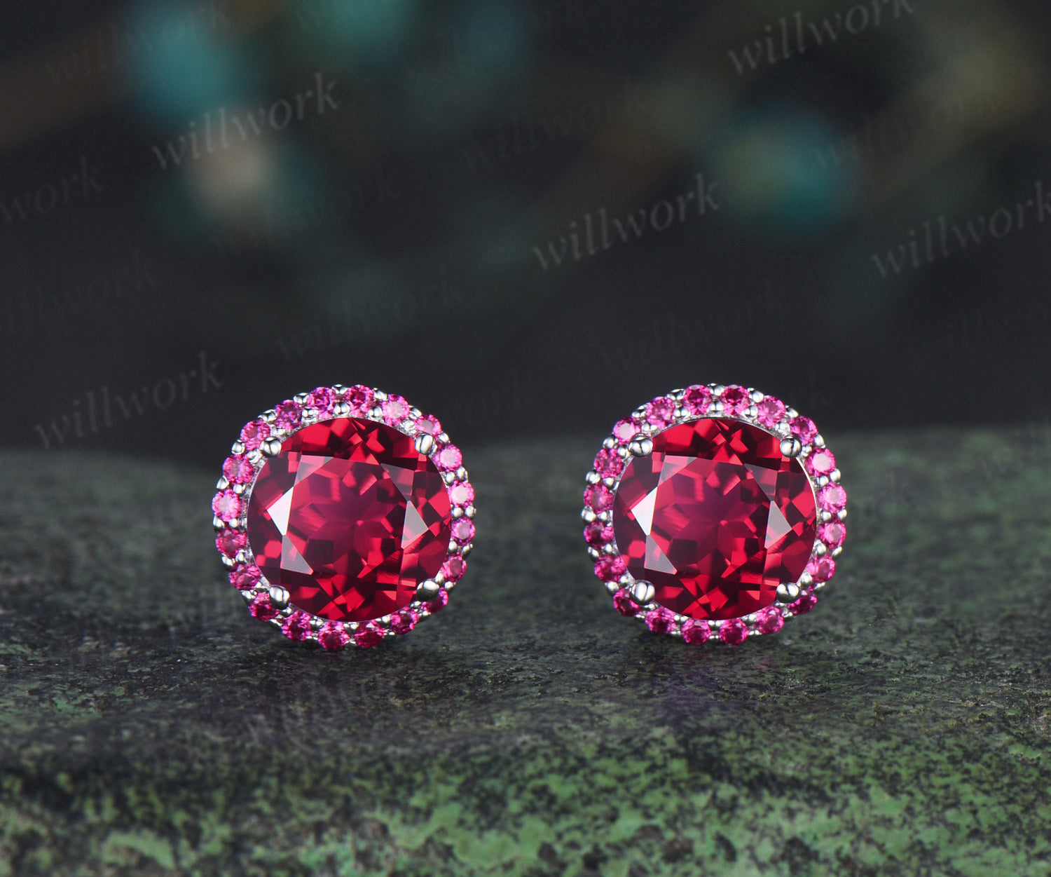 Vintage round ruby stud earrings red ruby halo piercing jewelry July b ...