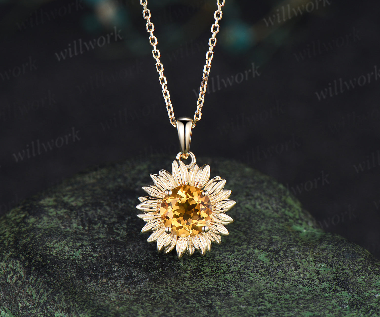Round cut citrine sunflower necklace solitare yellow cystal pendant ne ...