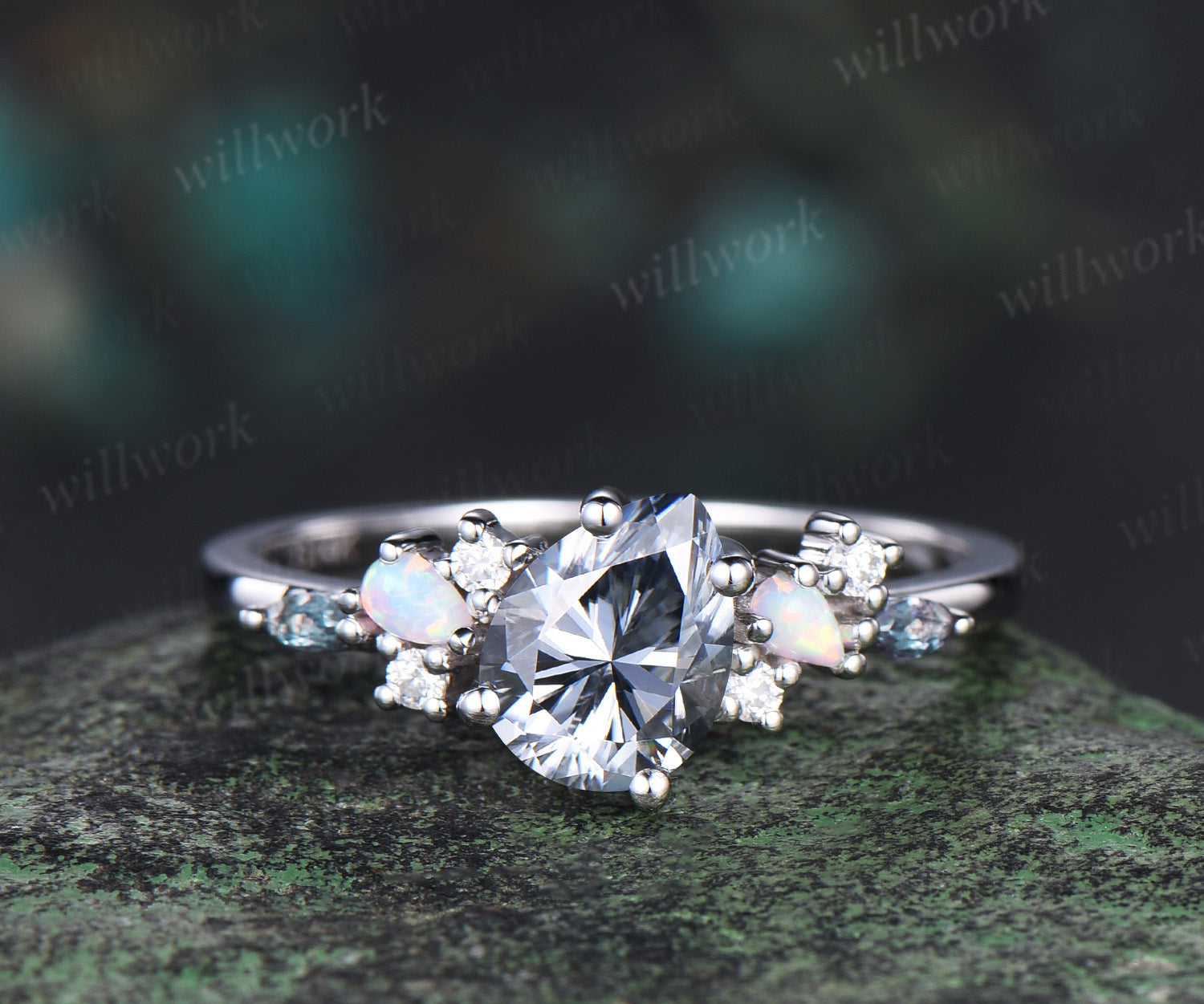 Pear shaped gray moissanite engagement ring solid 14k white gold clust ...