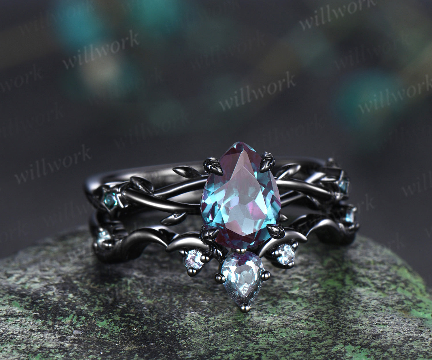 Gothic Black Moon Star Pear Shaped Alexandrite Engagement Ring 14k Bla ...