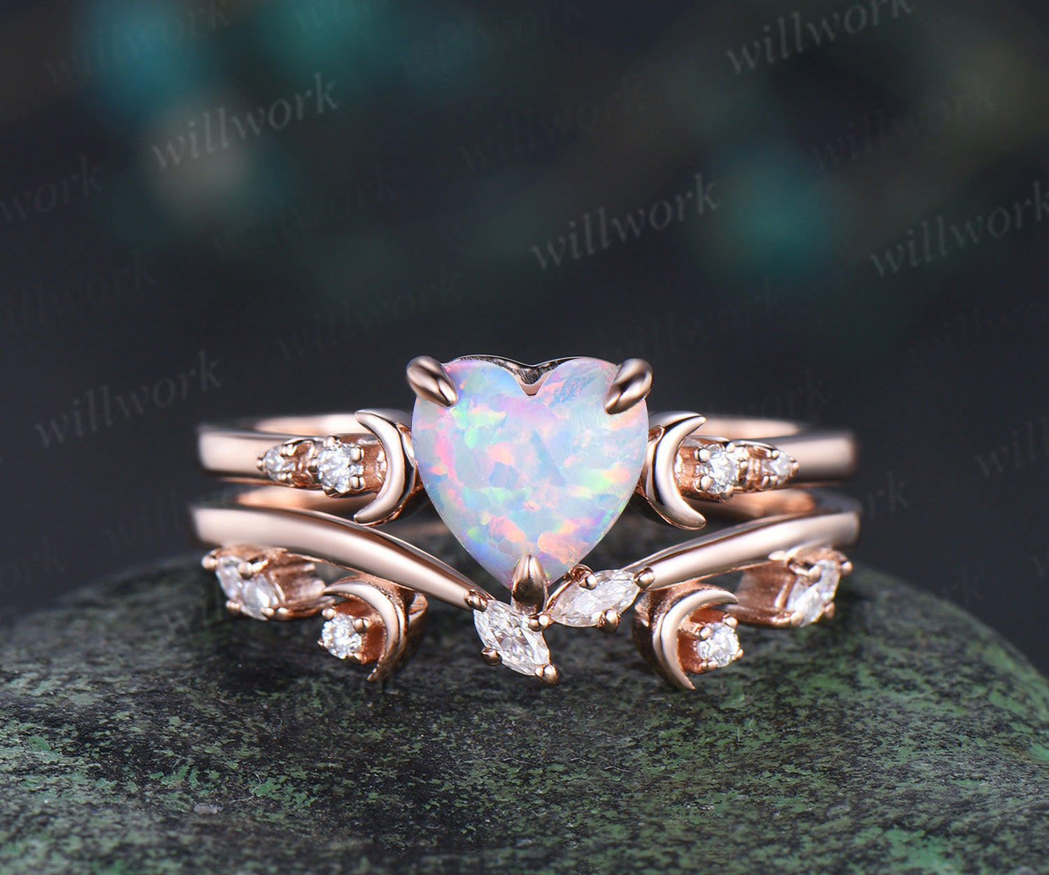 Heart shaped opal art deco moon engagement ring set five stone diamond ...
