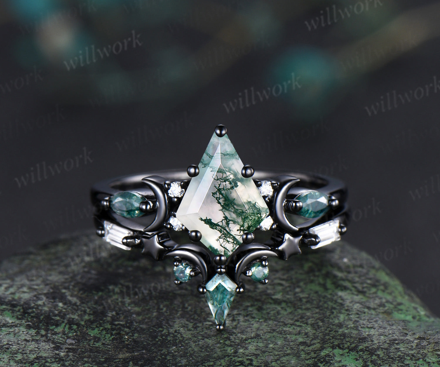 Black gold kite cut moss agate ring Unique crescent moon star engageme ...