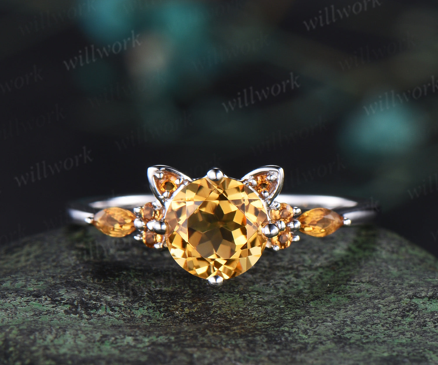 Round yellow citrine Cat Engagement Ring 14K white Gold Animal Cat Sha ...