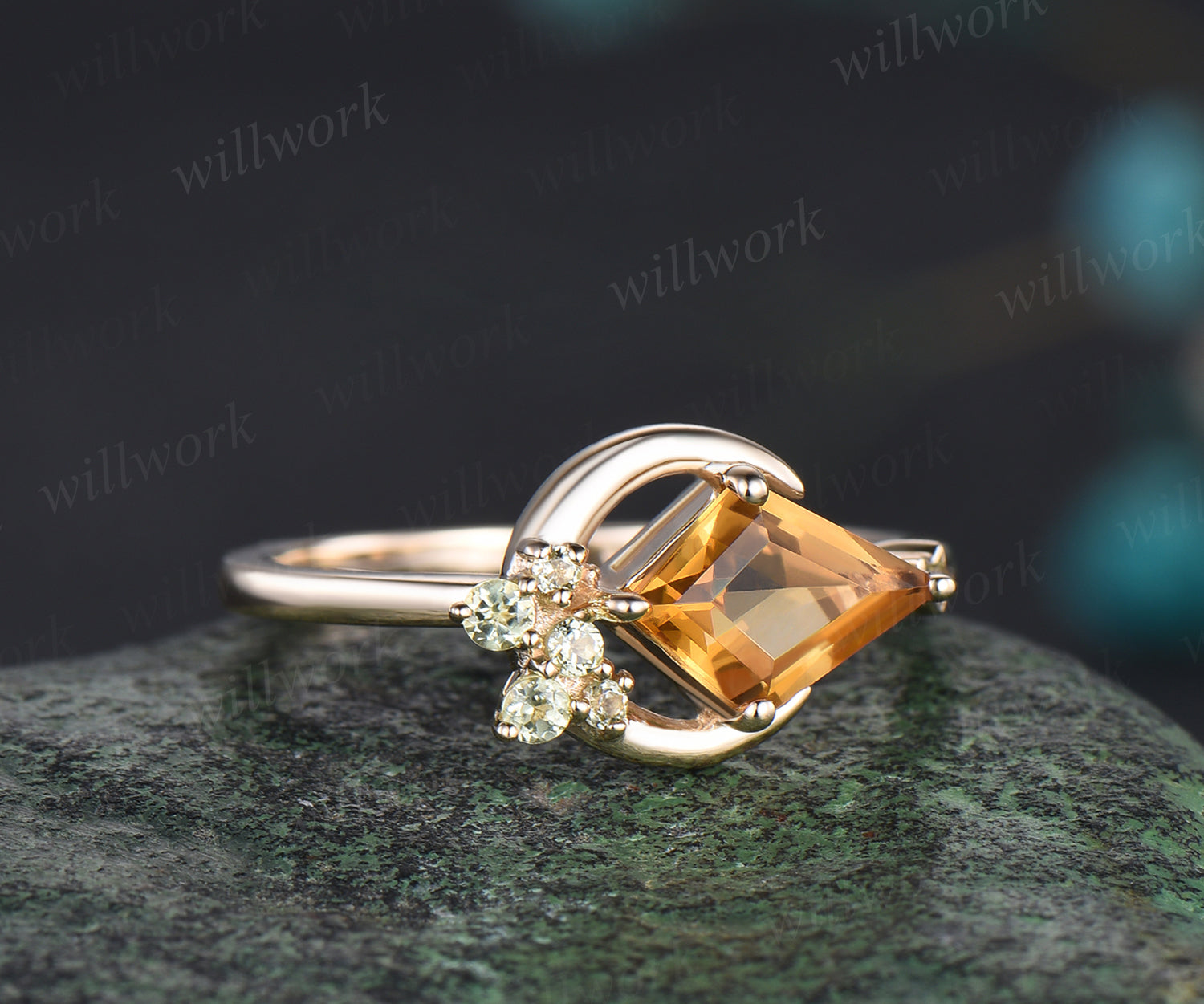 Dainty Kite Cut Natural Citrine Ring Unique Natural Peridot Cluster St ...
