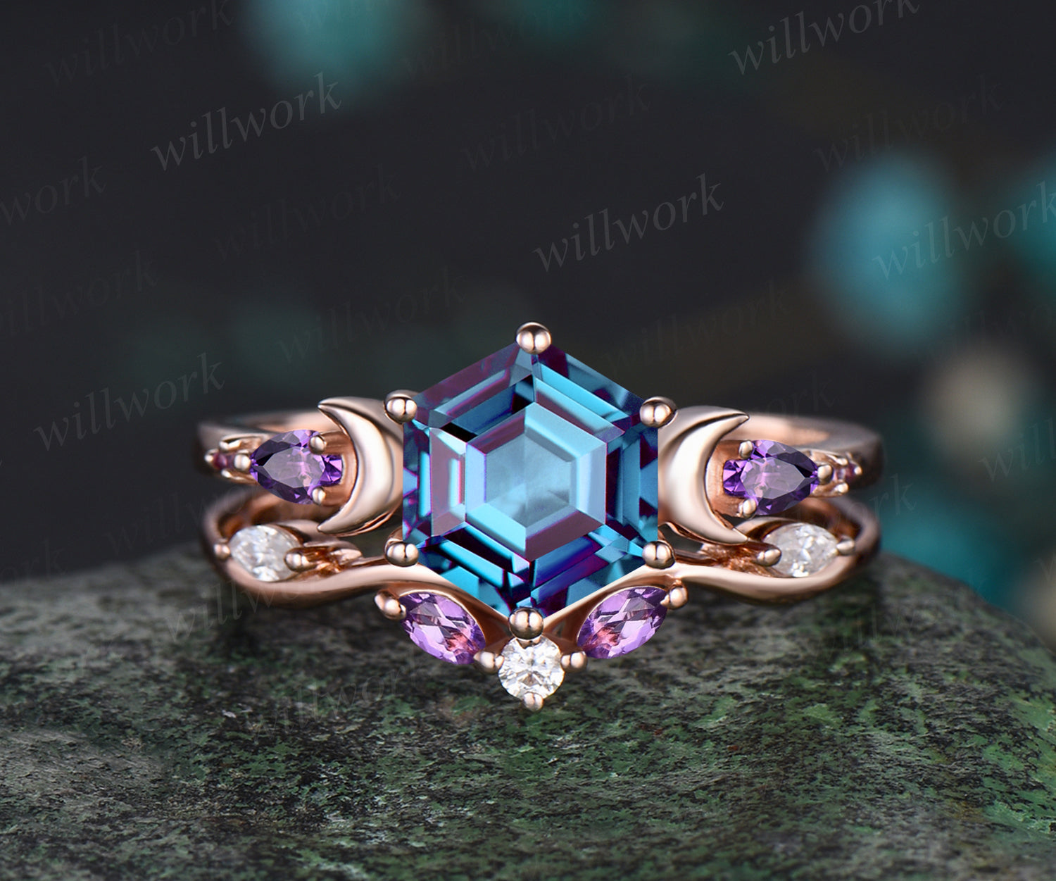 June Birthstone Hexagon Alexandrite Engagement Ring Set 14k Rose Gold ...
