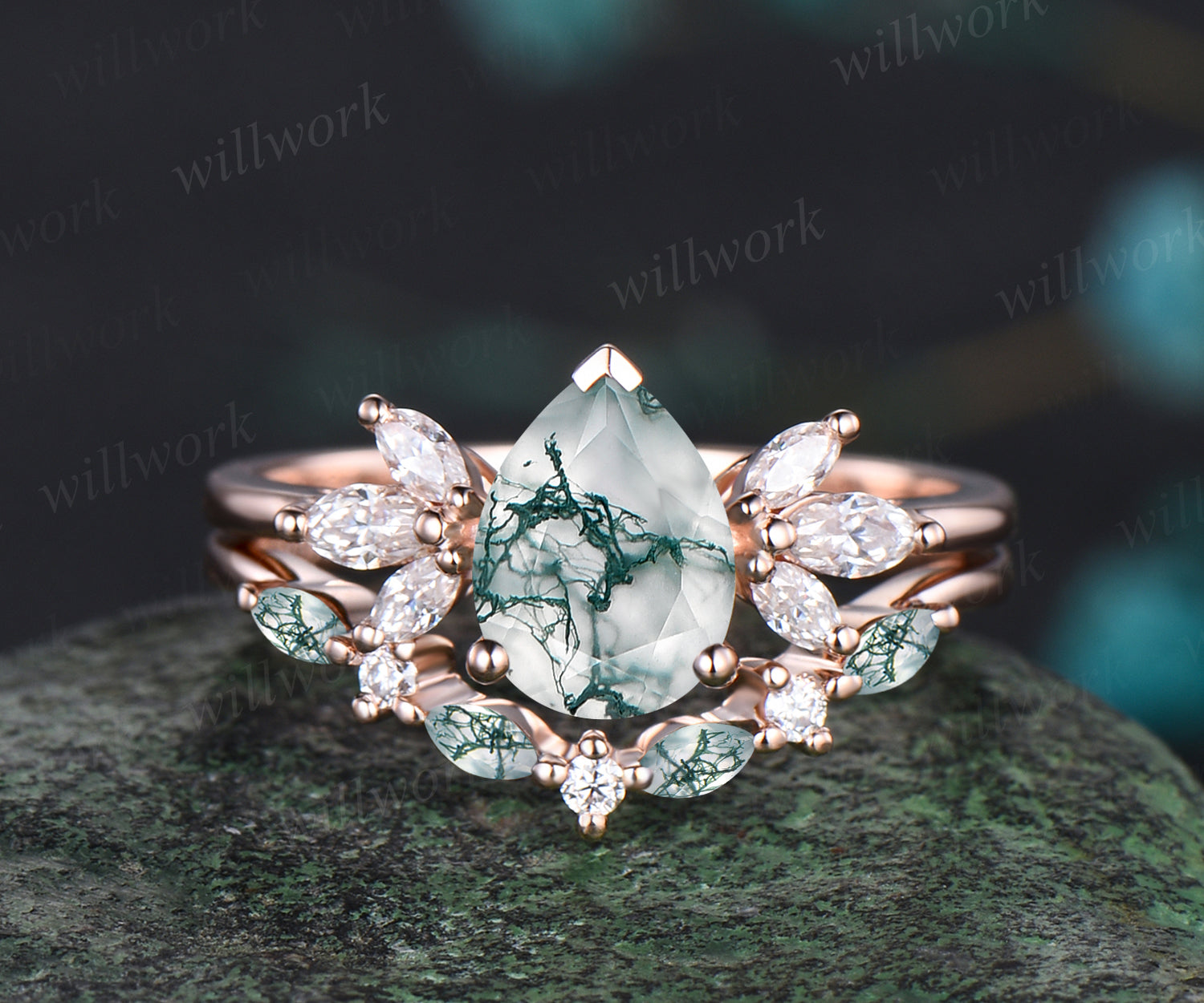 Pear Cut Natural Green Moss Agate Engagement Ring Set Moissanite Clust ...