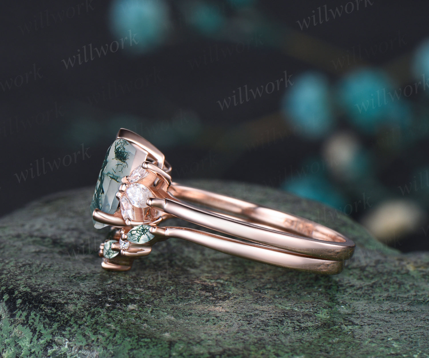 Pear Cut Natural Green Moss Agate Engagement Ring Set Moissanite Clust ...