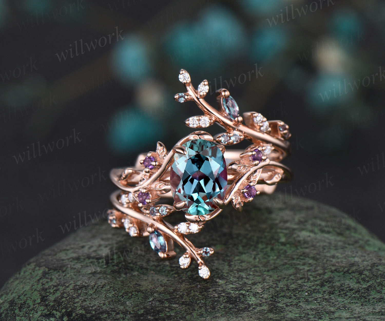 Vintage oval alexandrite engagement ring nature inspired leaf amethyst ...
