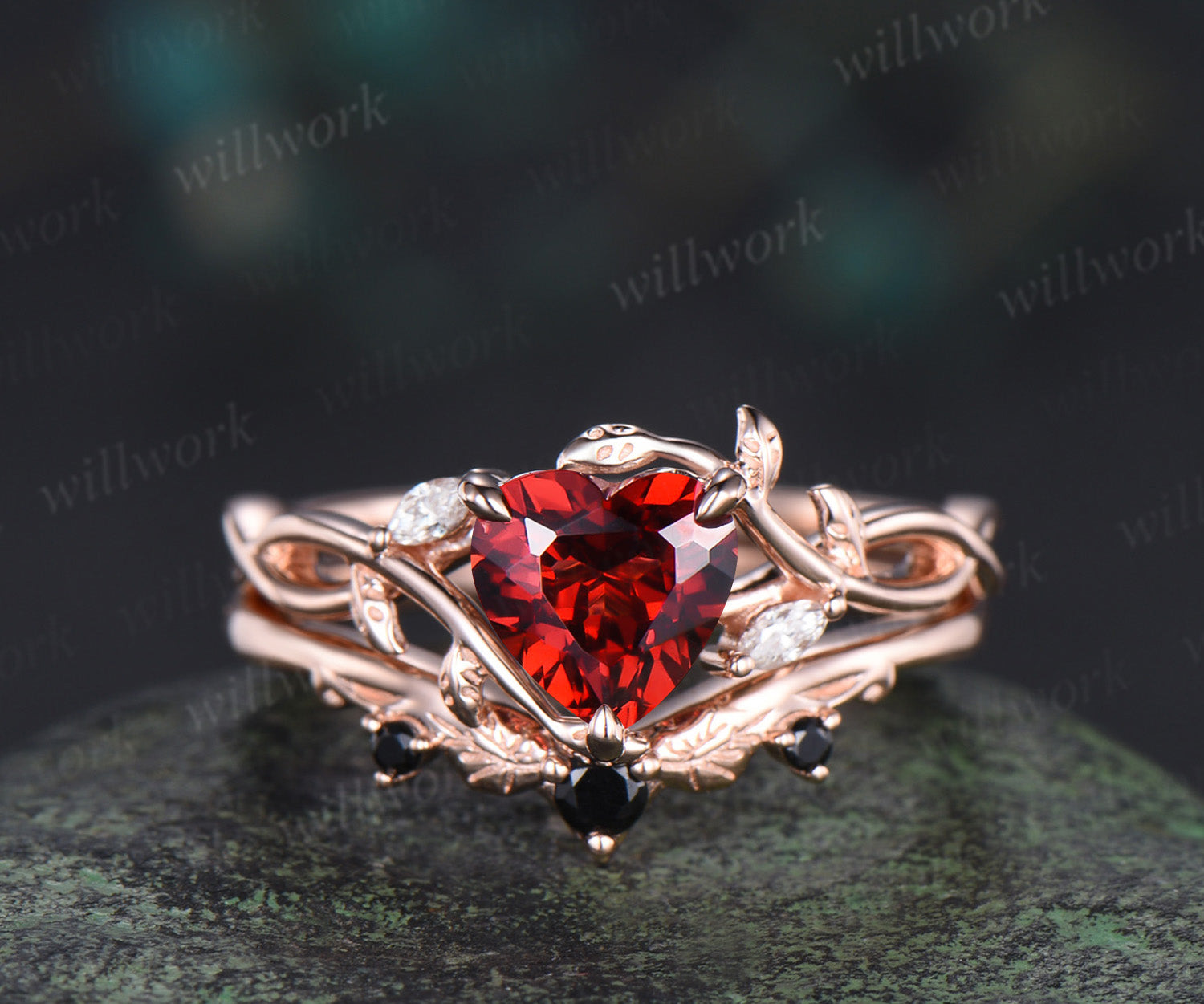 Heart red garnet engagement ring set leaf infinity 14k rose gold natur ...