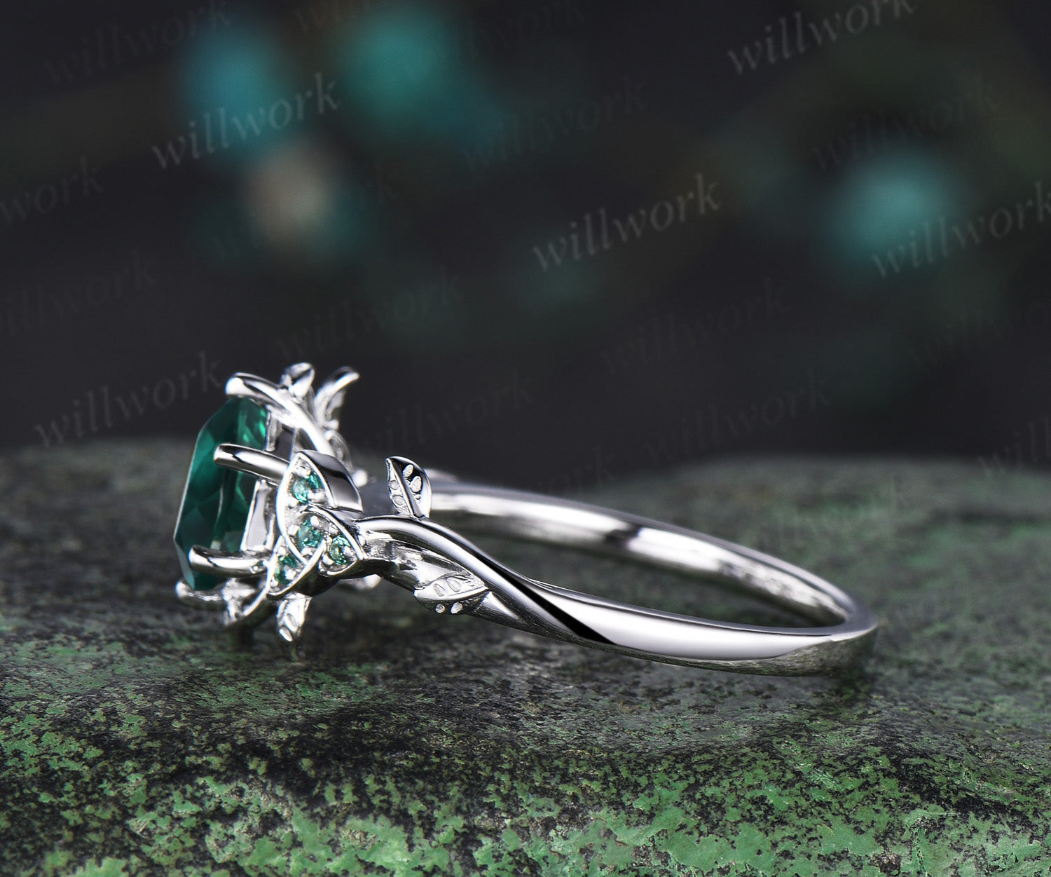 Hexagon cut green emerald Celtic knot engagement ring 14k white gold e WILLWORK JEWELRY