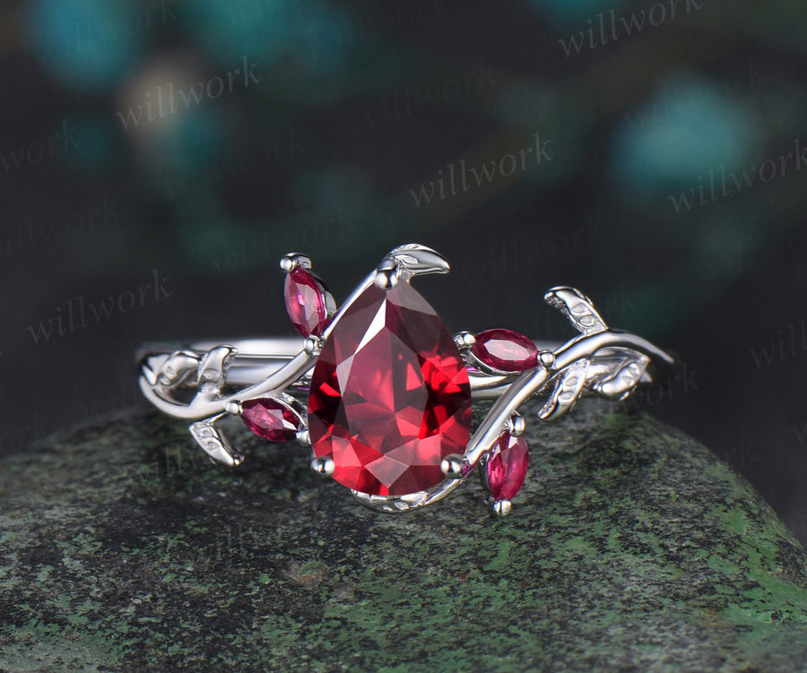 Pear shaped ruby engagement ring white gold leaf branch marquise ruby ...