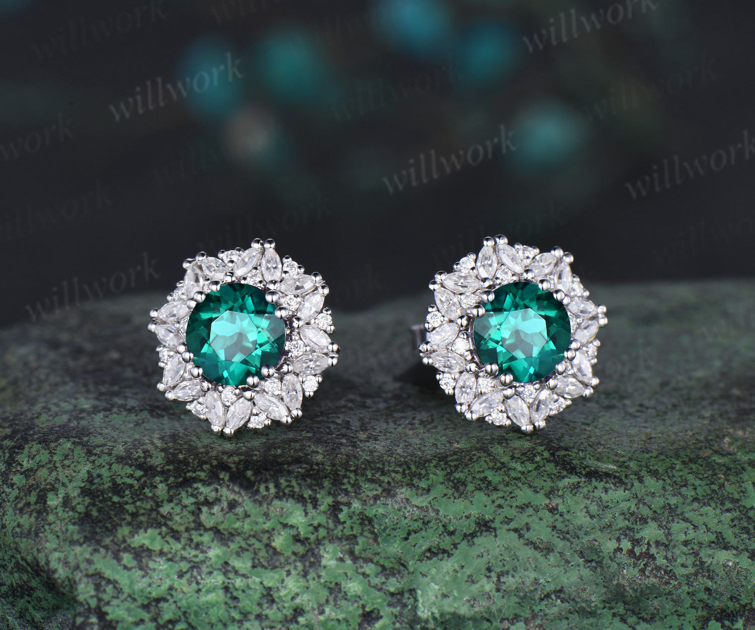 willwork Jewelry Vintage Round Cut Green Emerald Earrings Women Solid 14K White Gold 8 Prong Double Halo Marquise Moissanite Stud Earrings Anniversary Gift 10K White