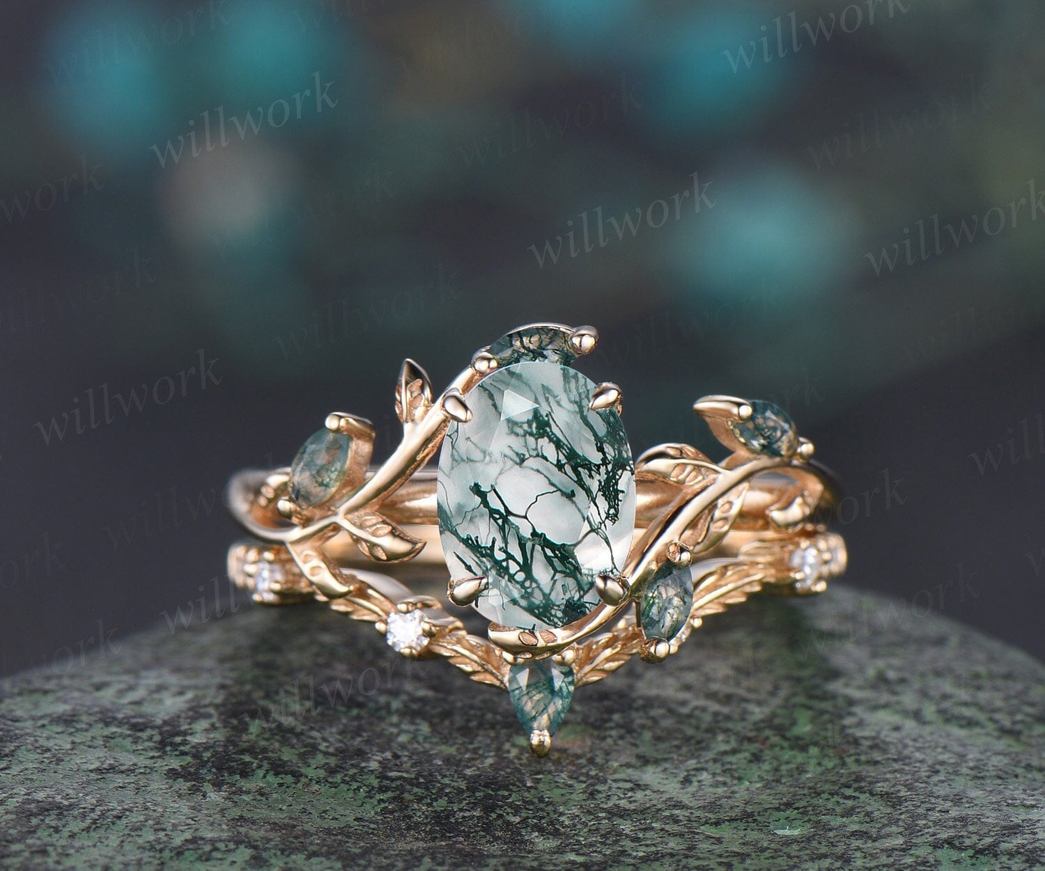 Vintage oval cut green moss agate engagement ring yellow gold art deco ...