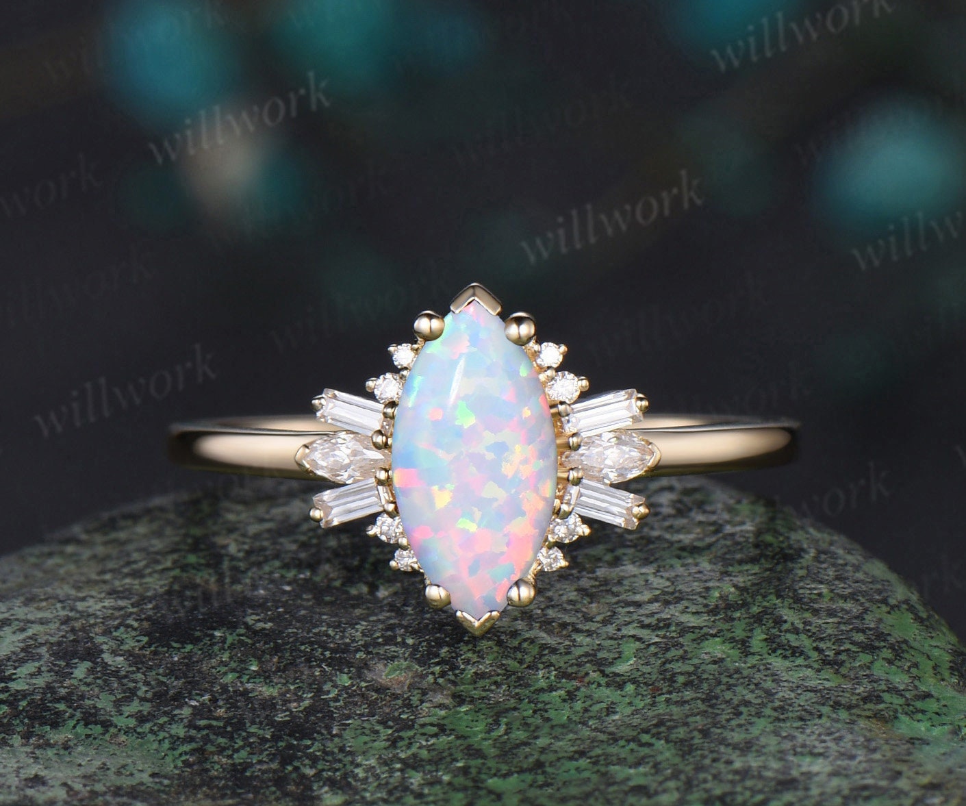 Marquise white opal engagement ring solid 14k yellow gold cluster Bagu ...