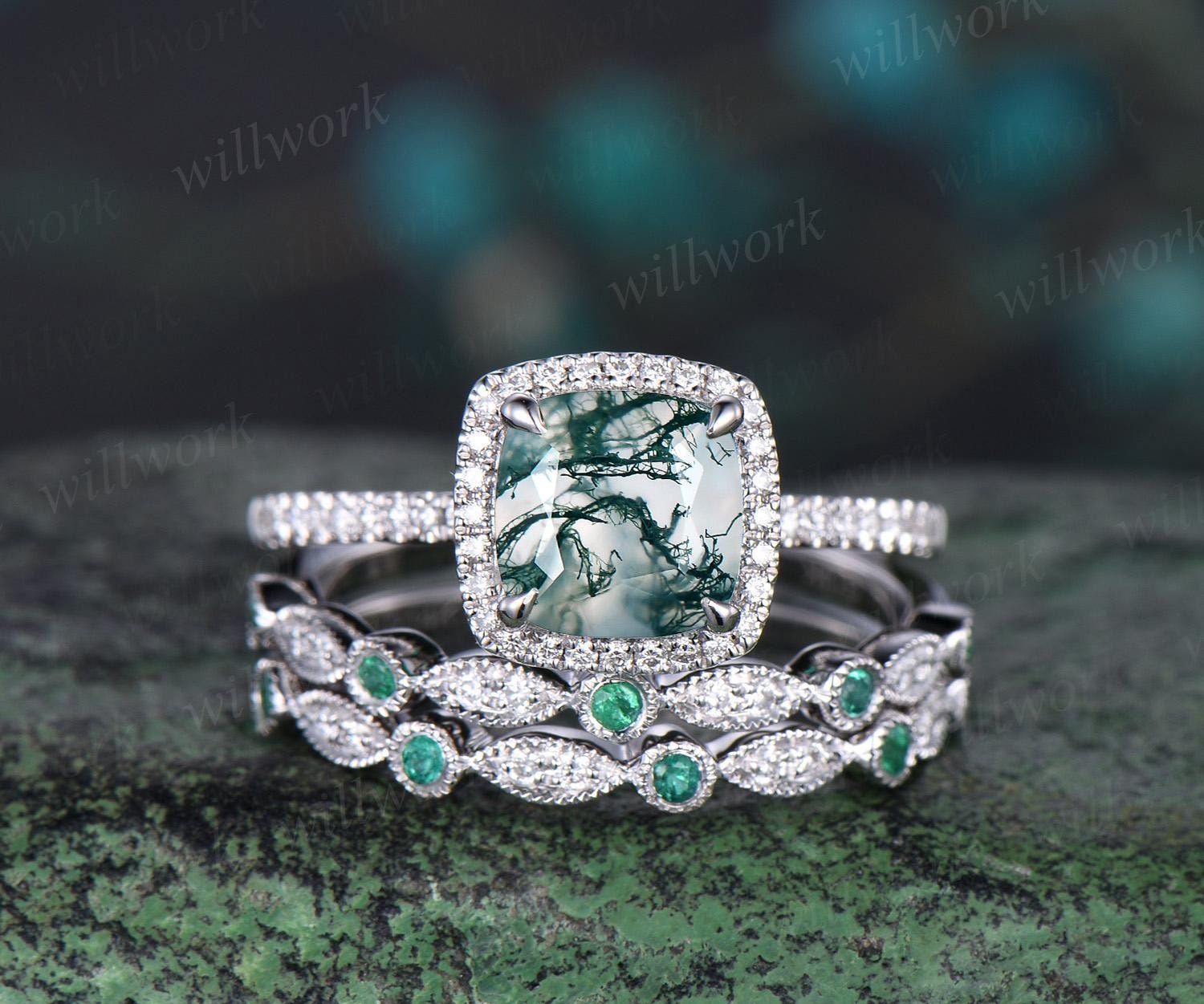 Vintage cushion cut moss agate engagement ring solid 14k white gold ha ...