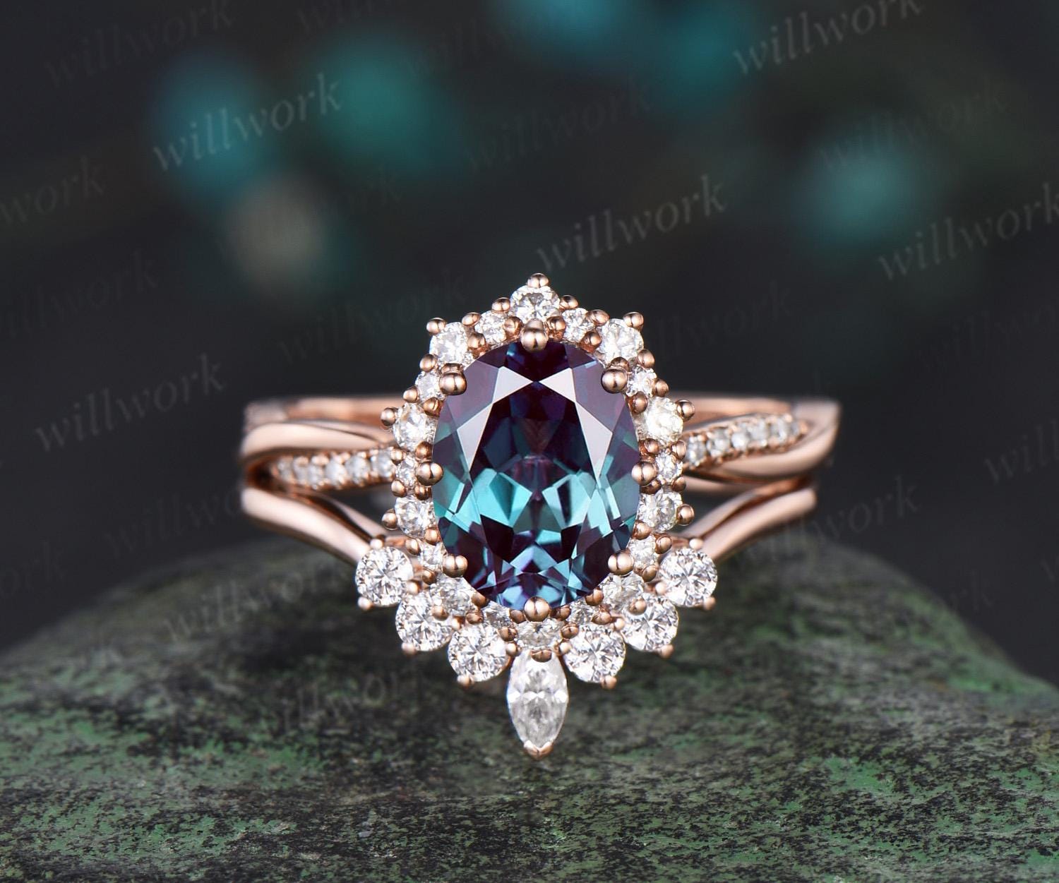 Oval cut alexandrite engagement ring set 14k rose gold infinity snowdr ...