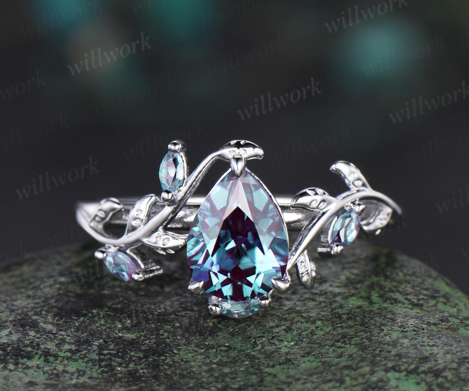 Pear alexandrite ring vintage white gold leaf branch engagement ring w ...