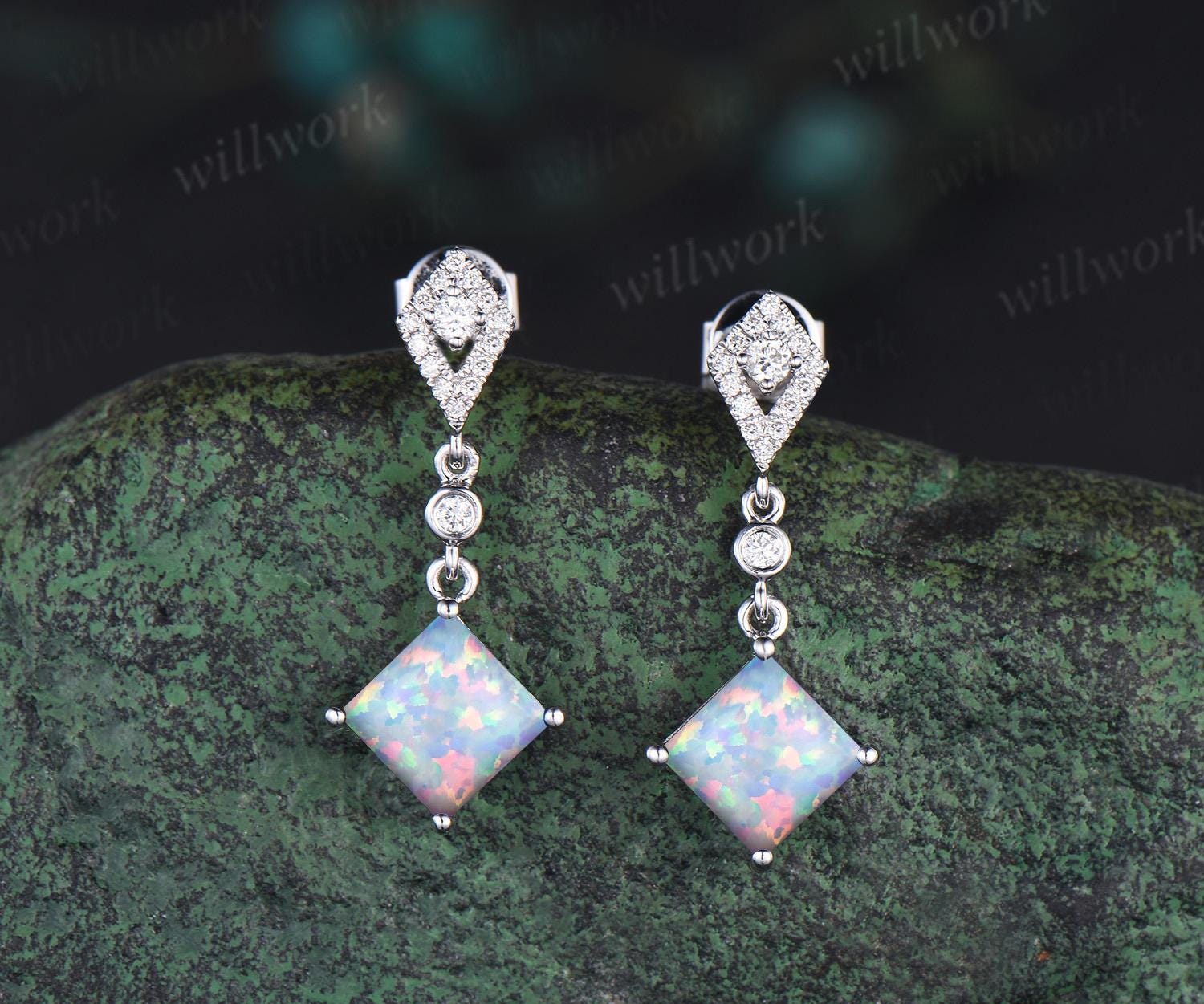 Square opal earrings vintage kite shaped halo diamond white gold drop ...