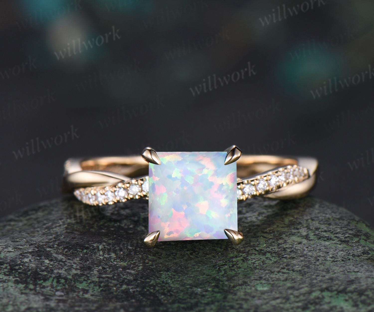 Square white opal engagement ring vintage infinity twisted diamond 3/4 ...