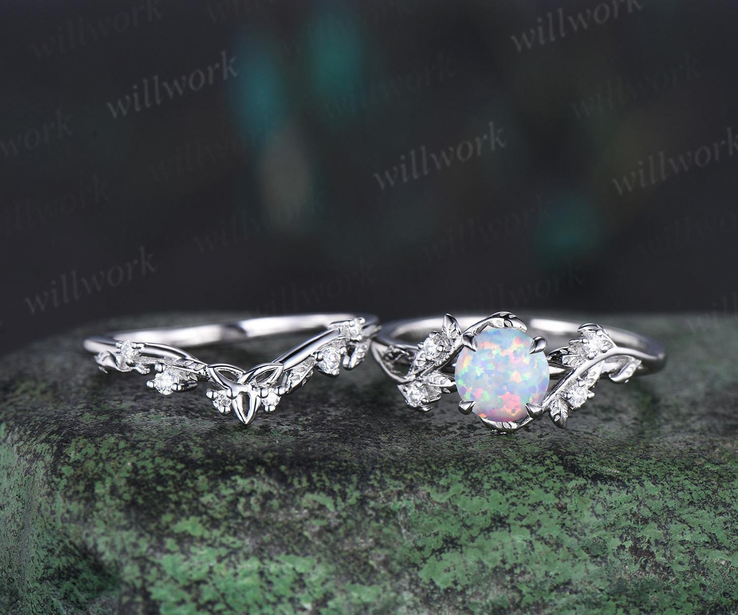 Vintage round white opal wedding ring set leaf nature inspired opal en ...