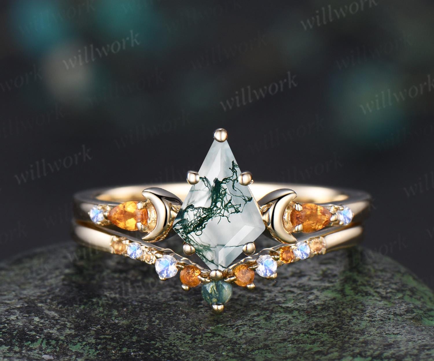 Kite cut moss agate ring moon citrine moonstone wedding ring set uniqu ...