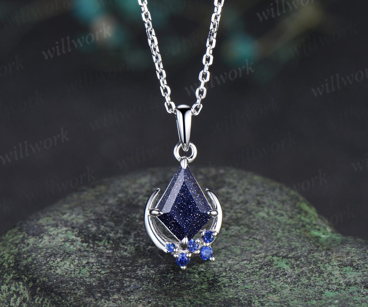 Kite cut blue sandstone necklace white gold vintage unique cluster moo ...