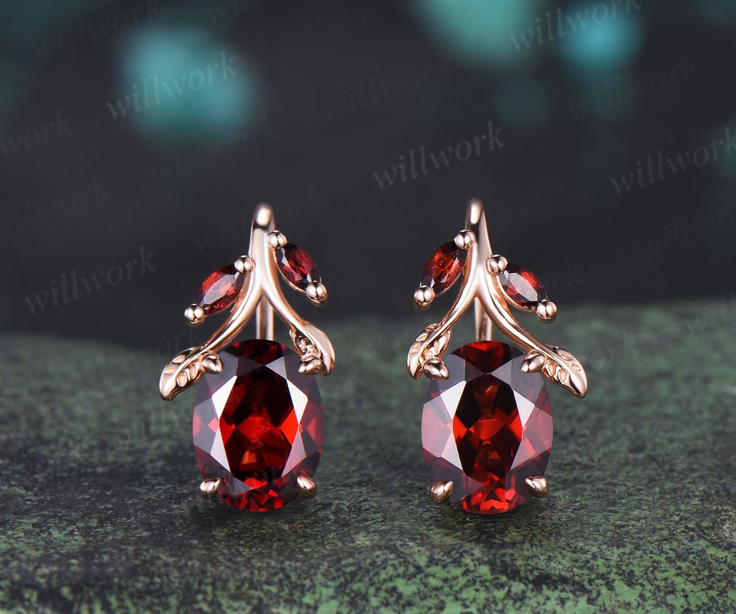 Oval cut red garnet earrings vintage leaf marquise drop earrings women ...