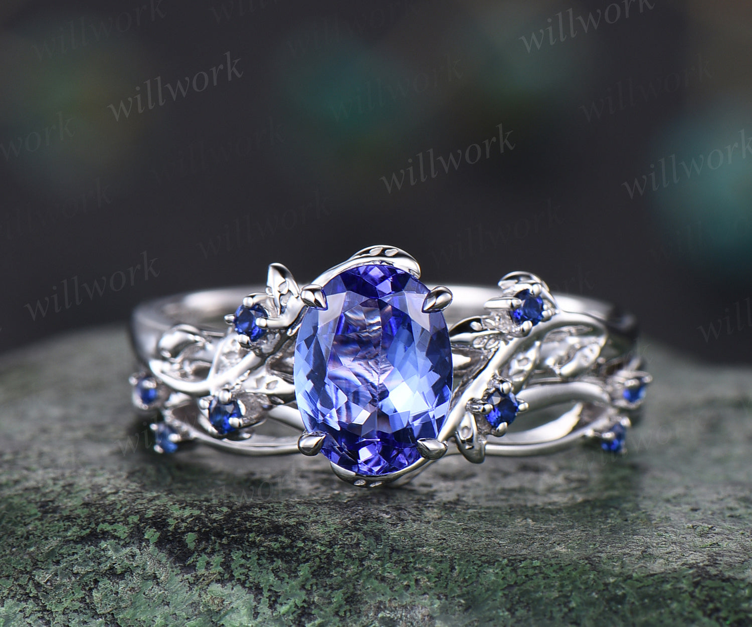 Nature inspired tanzanite engagement ring set oval cut blue tanzanite ...