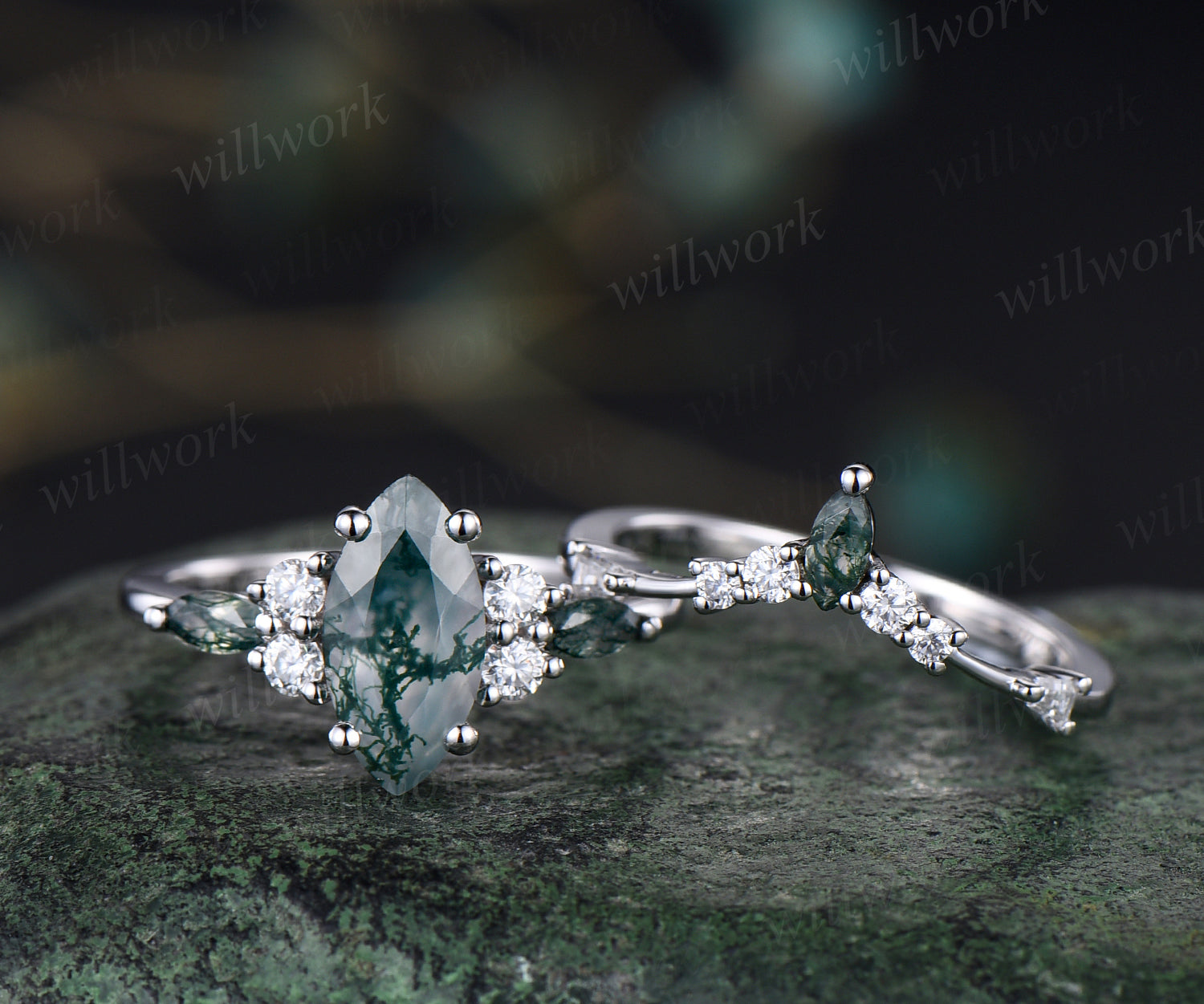 Unique marqiuse cut moss agate engagement ring set moss agate ring vin ...